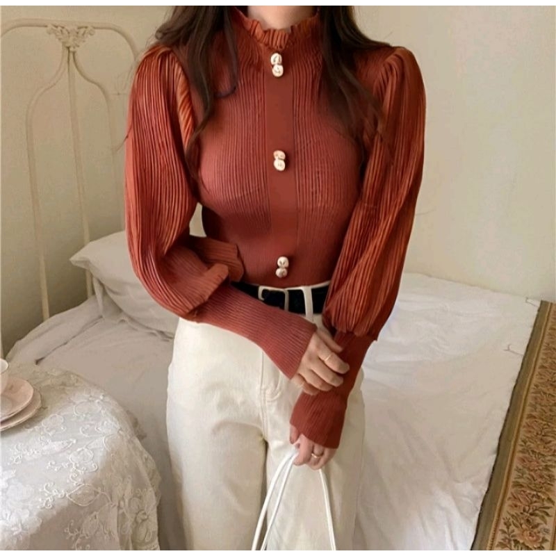 Jual Atasan rajut import lengan panjang turtleneck korean style mewah dan elegan | Shopee Indonesia