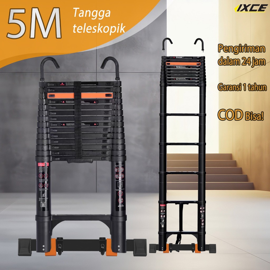 Jual IXCE Tangga 5m Lipat Alumunium / Telescopic Ladder 5M Hitam/Perak ...