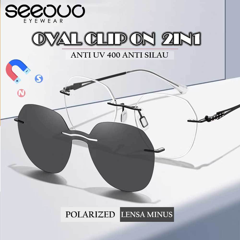 Jual Seeouo Kacamata Clip On 2in1 Polarized Clip Lens Rimless Oval Stylish Bahan Metal Frame ...
