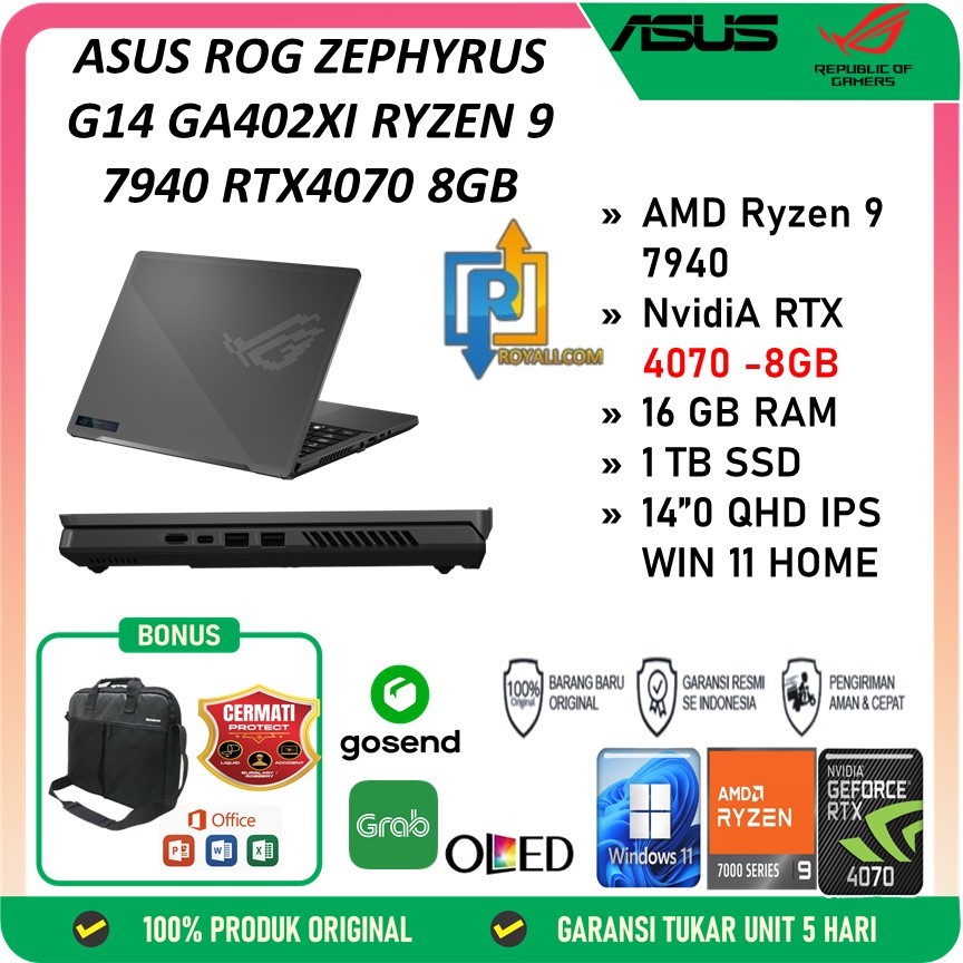 Jual ASUS ROG ZEPHYRUS G14 GA402XI RYZEN 9 7940 RTX4070 8GB/ 16GB 1TB W11 14.0QHD IPS | Shopee ...