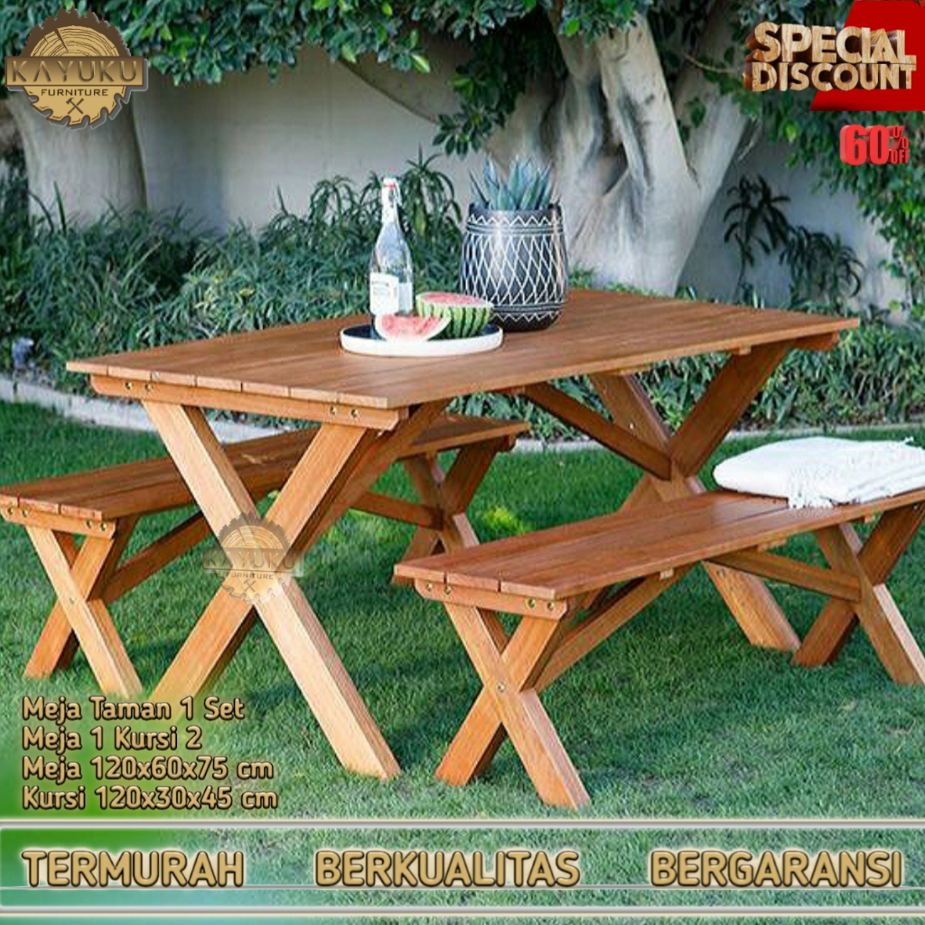 Jual Meja Taman minimalis 120x60x75 cm + kursi Meja Santai Meja kayu ...