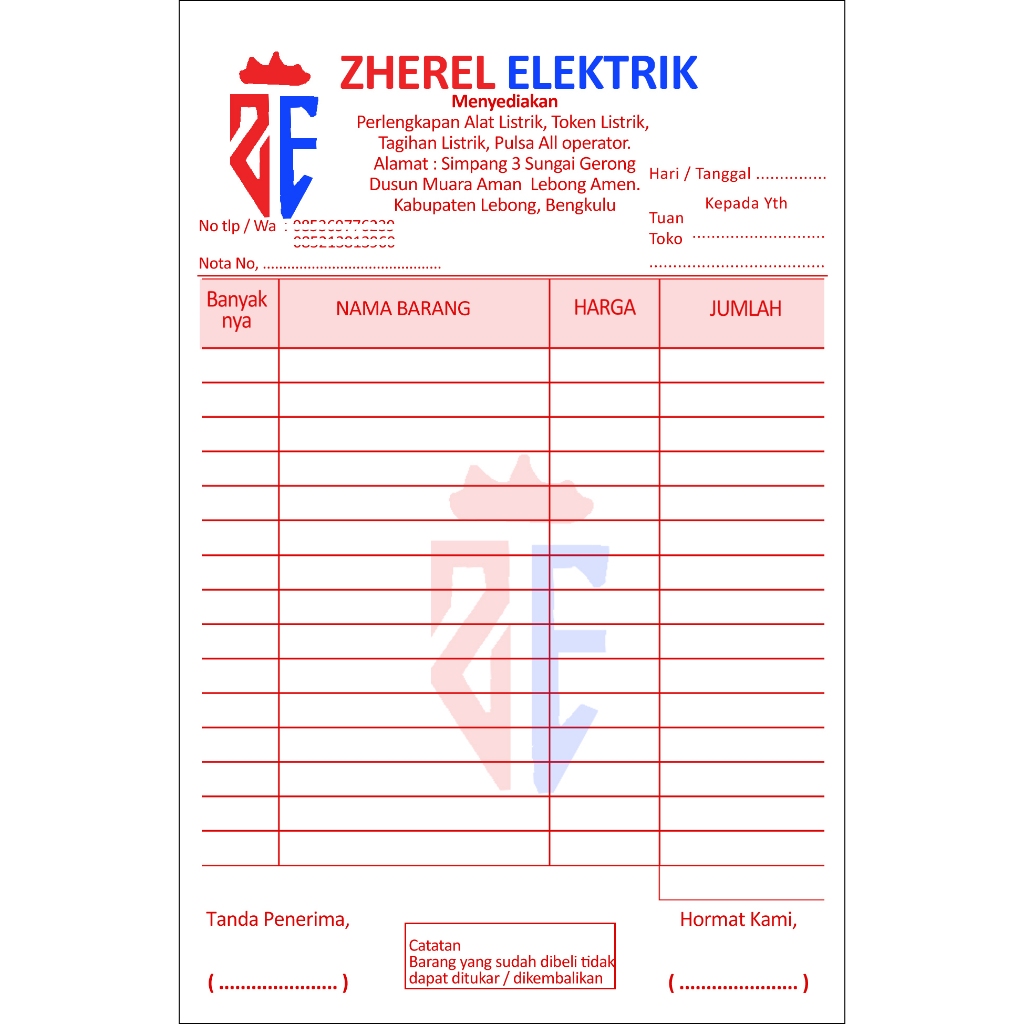 Jual cetak nota tehnik elektronik custom ukuran 1/4 free desain ...
