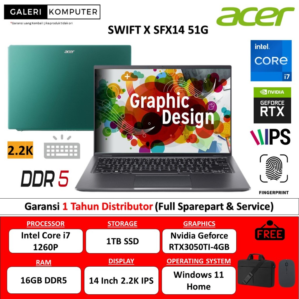 Jual Laptop Design Acer Swift X SFX14 51G Intel i7 1260P Ram 16GB DDR5 1TB SSD RTX3050 2.2K IPS ...
