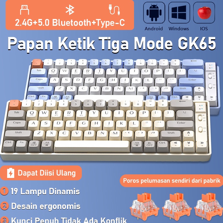 Jual Ready Stok Wireless Bluetooth keyboard GK65 3 modes 5pin Hotswap ...
