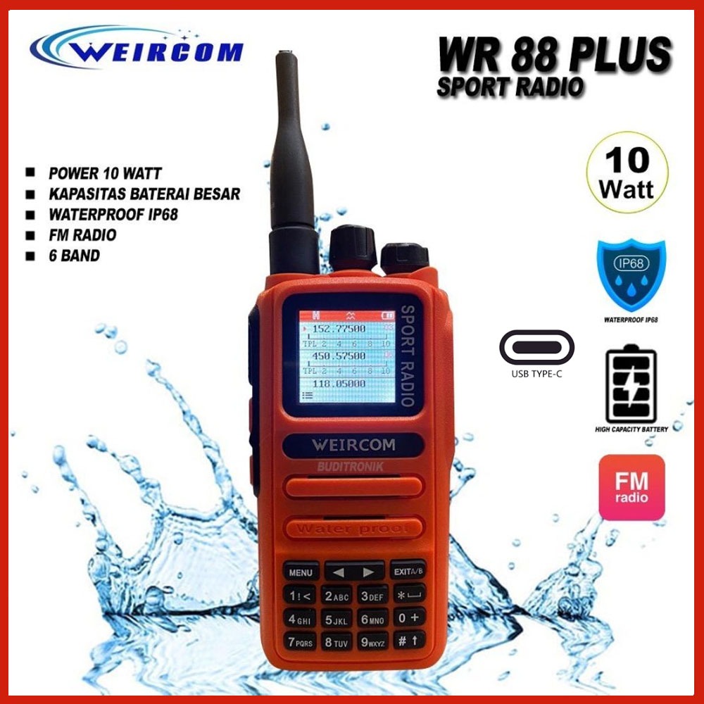 Jual HT Weircom WR 88 Plu 6 Band New Function 10 Watt Waterproof / 3 Display Type C Charger ...
