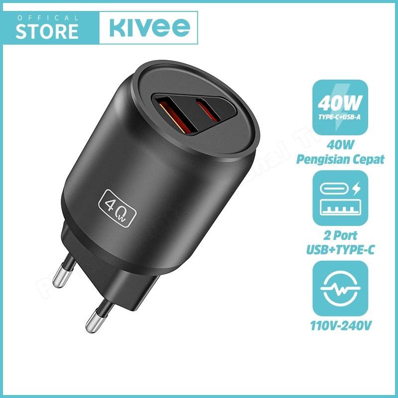 Jual KIVEE Charger Type C Fast Charging 40W KV-AE123 Black USB Type C ...