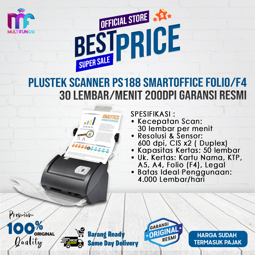 Jual Plustek Scanner PS188 SmartOffice Folio/F4 30 Lembar/Menit 200dpi ...