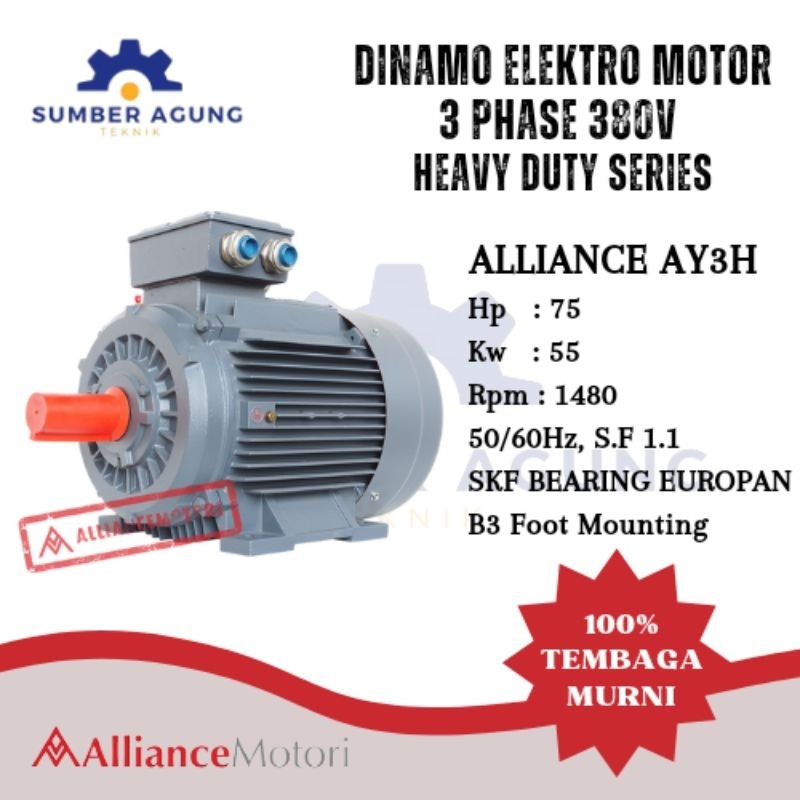 Jual Alliance Dinamo 3 Phase 75 HP 1400rpm HEAVY DUTY -- Electro Motor 55 KW AY3H B3 Foot ...