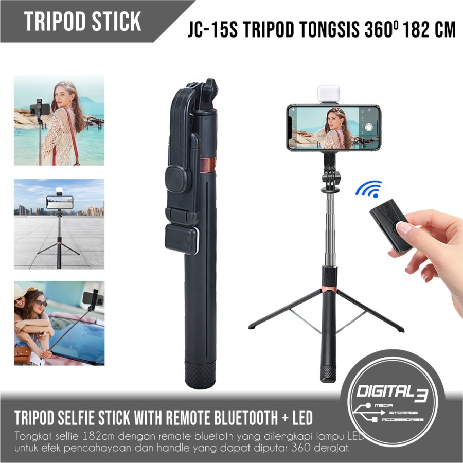 Jual Tripod JC-15S Tongsis Selfie Stick 360° with Remote Bluetooth + Lampu LED 182cm HP | Shopee ...