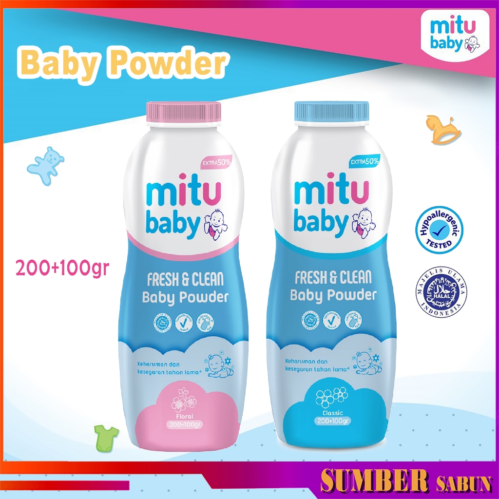 Jual Mitu Baby Powder Fresh & Clean Pink Floral/Classic 200 + 100 gr ...