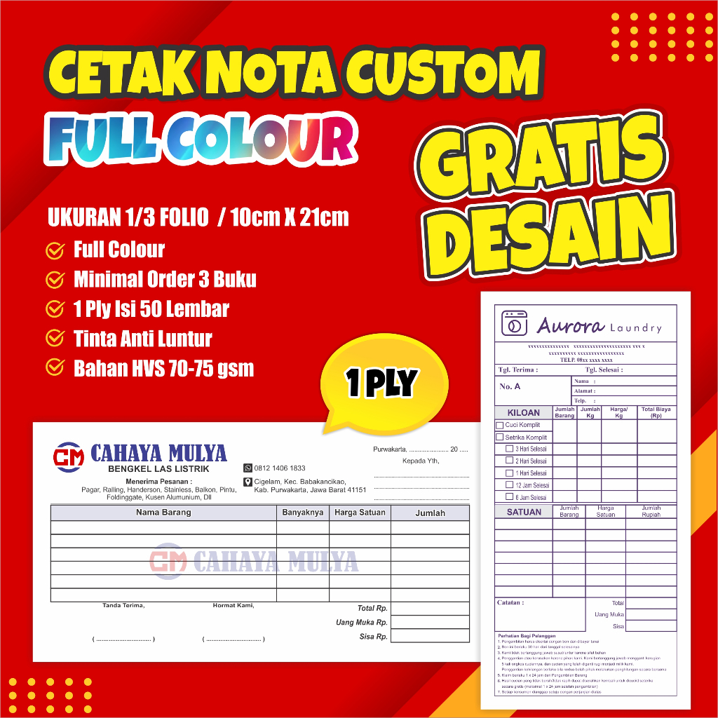 Jual Cetak Nota Full Colour 1 Ply Ukuran 1/3, Nota Custom Nama Toko ...