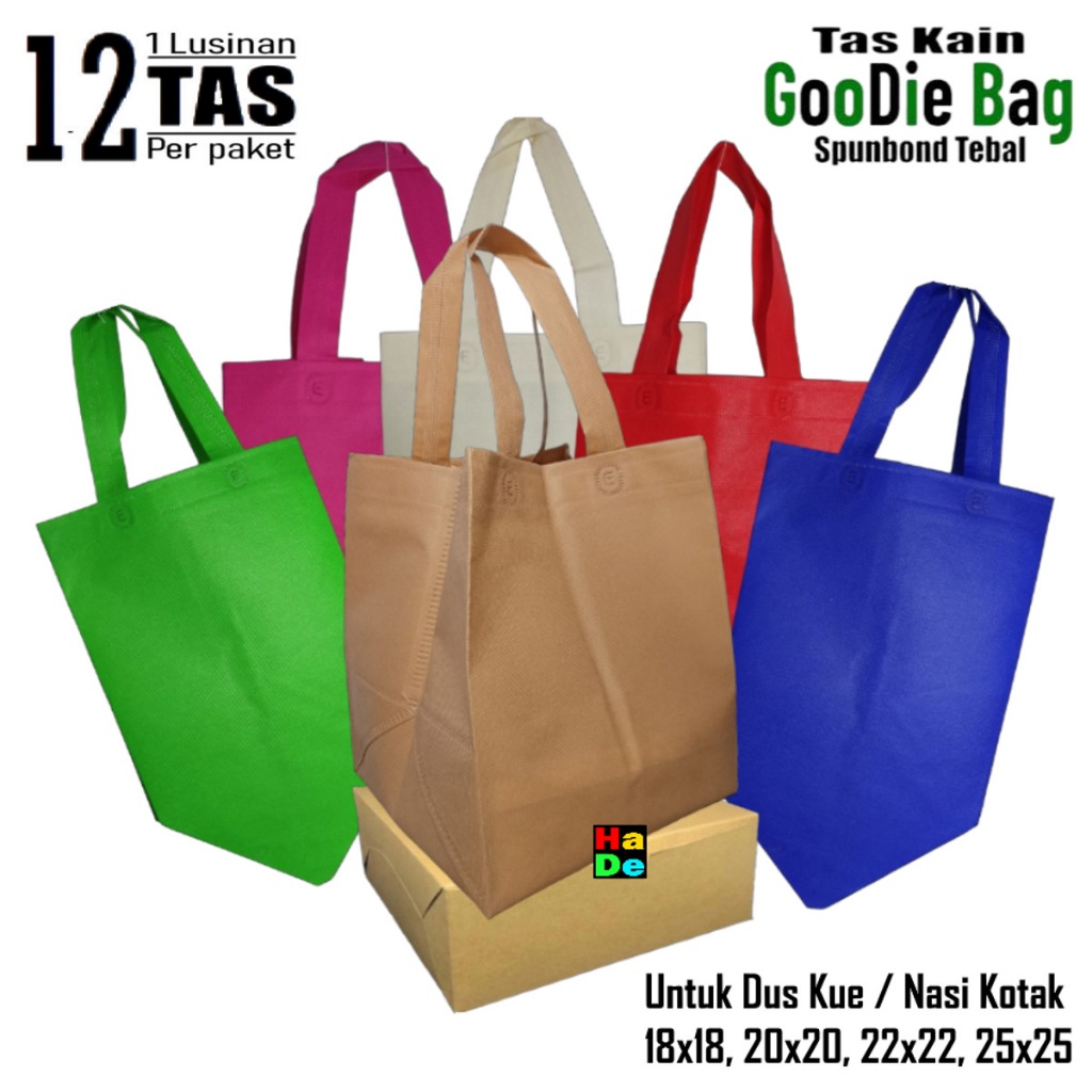 Jual 1 Lusinan isi 12 Tas Kain Spunbond Goodie Bag Handle Box Dus Kue Nasi Kotak 18x18 20x20 ...