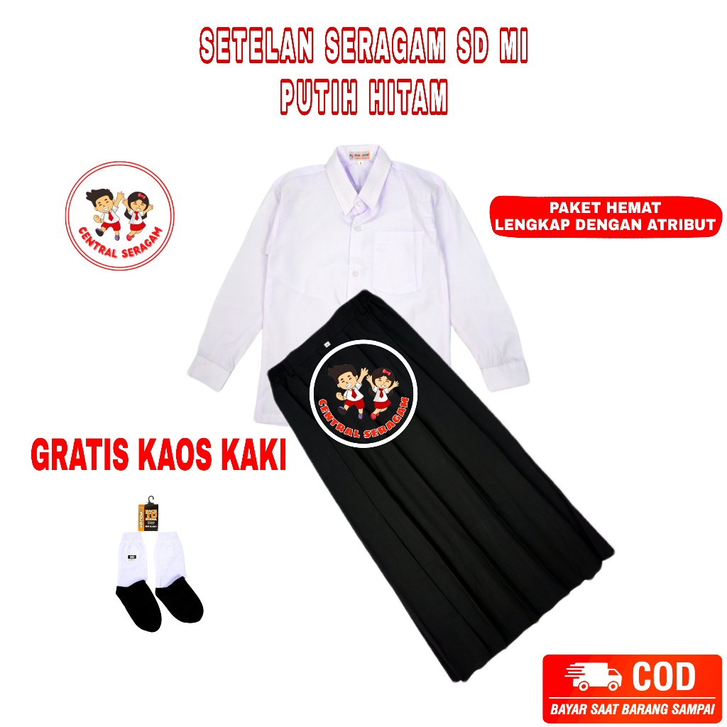 Jual Setelan Seragam Sekolah SD MI Putih Hitam Perempuan Baju Putih Polos Panjang Rok Hitam ...