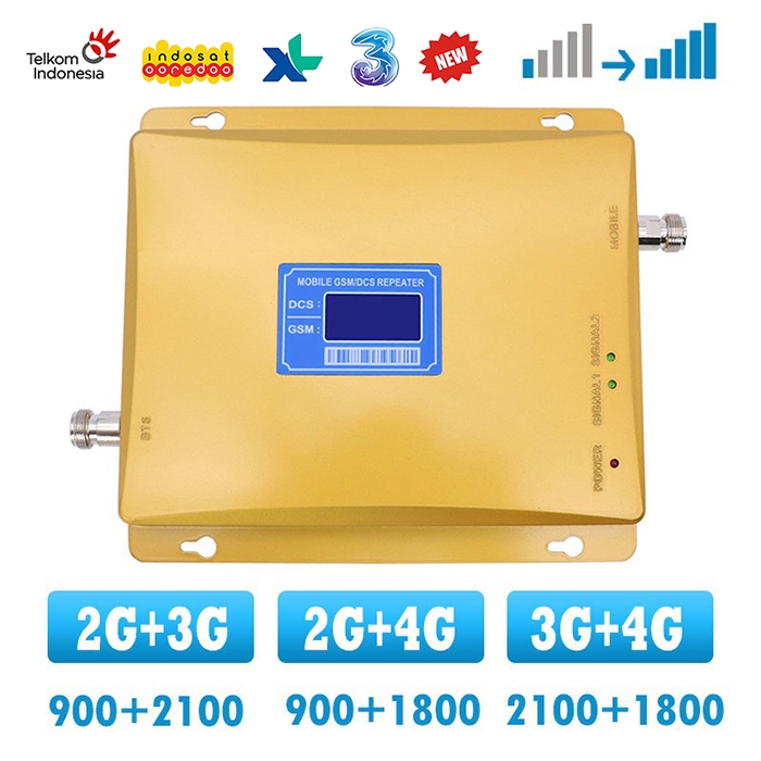 Jual TRIBAND REPEATER PENGUAT JARINGAN LTE HIGH GAIN 70 DBI +27 DBM 900 1800 2100 DAN ADAPTOR ...