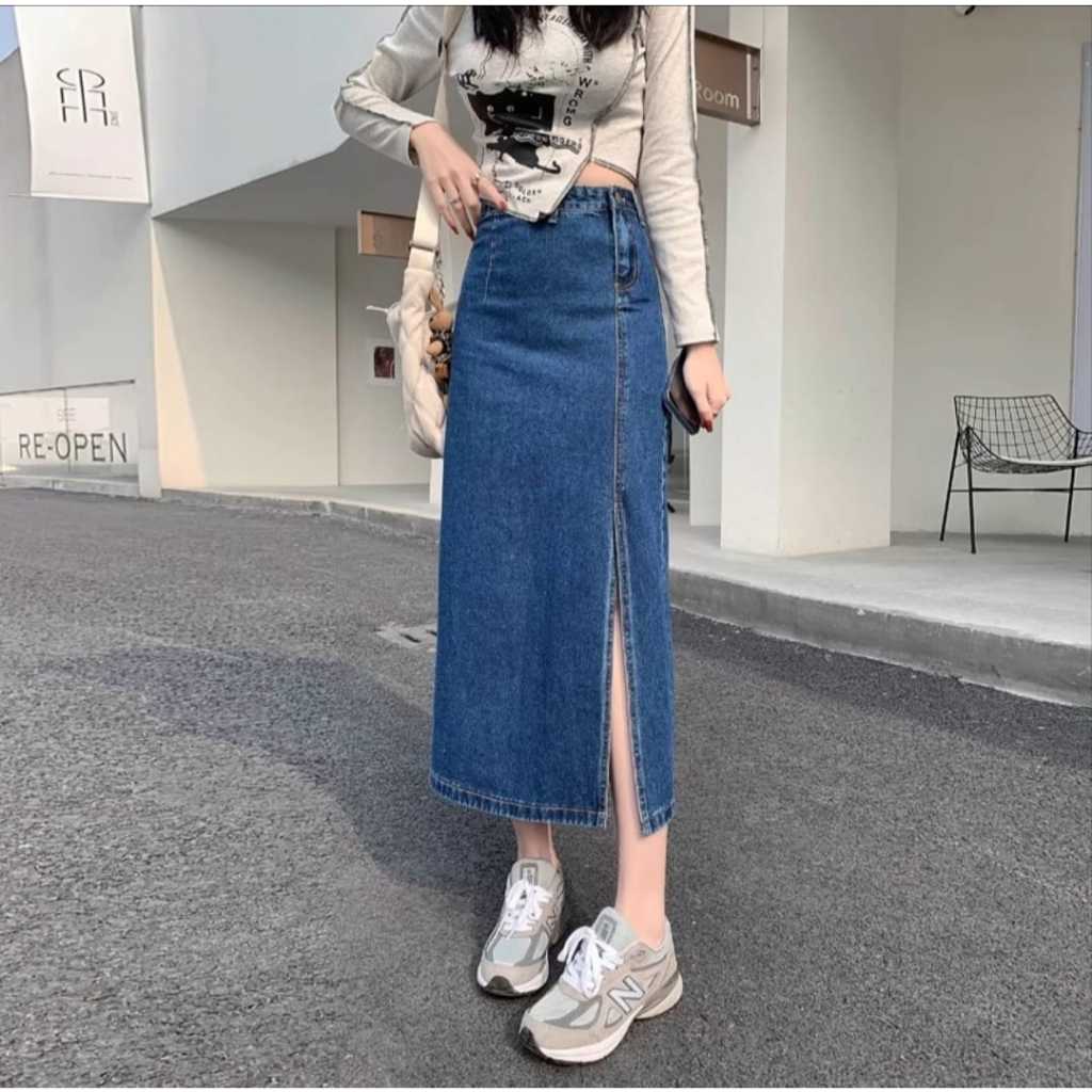 Jual ROK JEANS HIGWAIST SPLIT A LINE KOREAN STYLE | ROK A-LINE BELAH ...