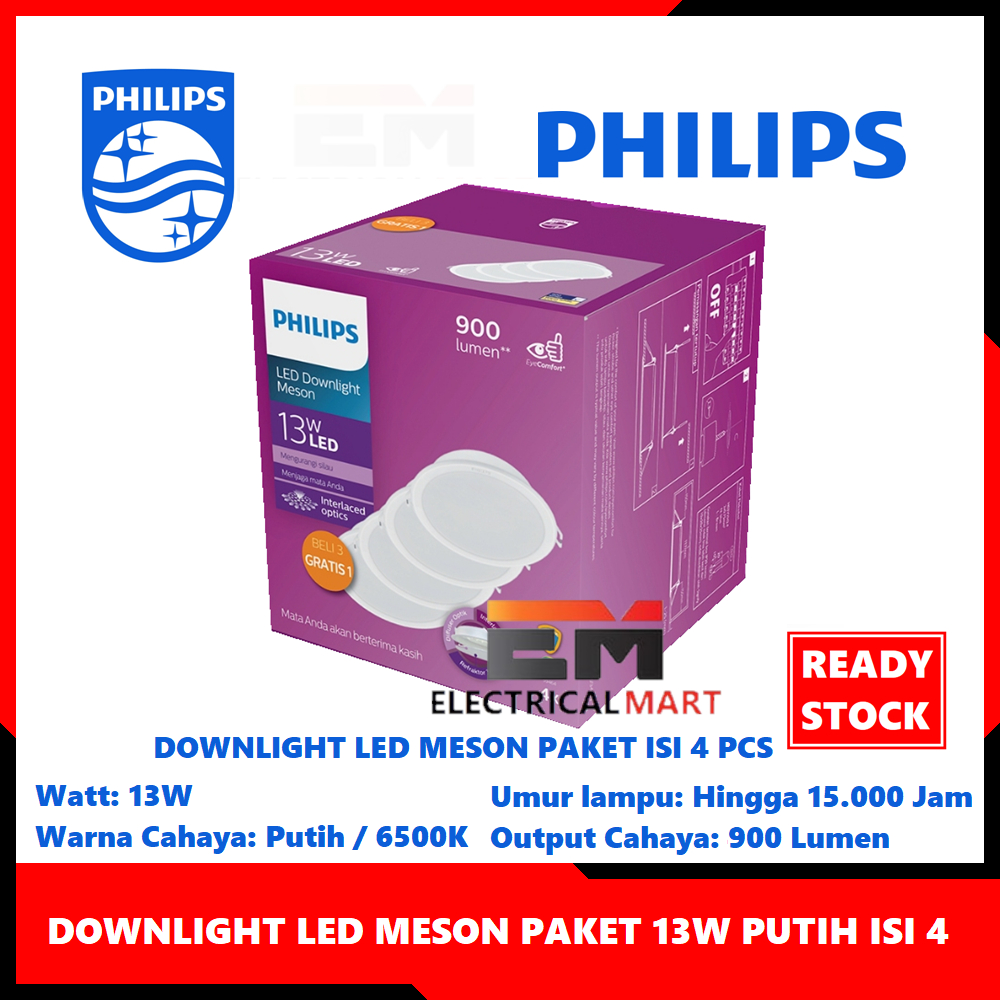 Jual (Paket 4 pcs) Downlight LED Philips Meson 13W Putih (13 W Watt 13Watt) Lampu Plafon 5" 5 ...