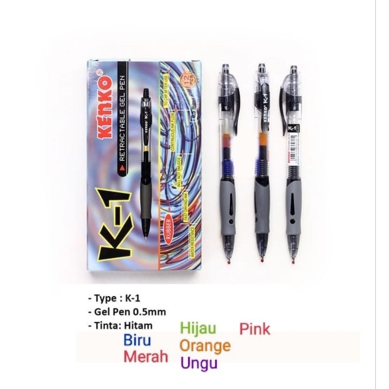 Jual Pen Kenko K-1 0.5mm Hitam Biru Merah Orange Ungu Hijau Pink (12pcs ...