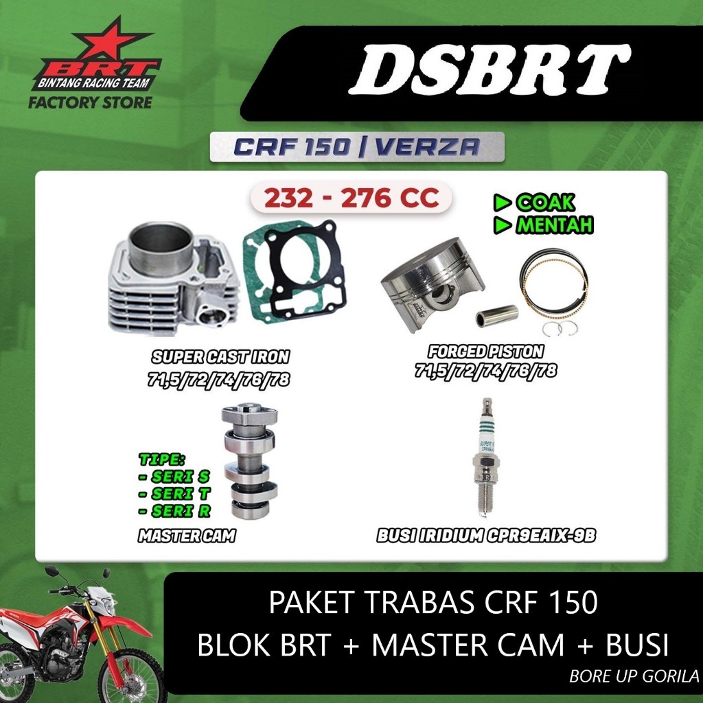 Jual PAKET BORE UP Blok BRT + Master Cam CRF 150 Gorilla BORE UP 71 72 74 76 78 MM 230 250 270 ...