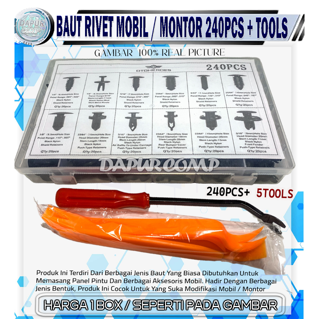 Jual BAUT RIVET 240PCS MOBIL / MONTOR / UNIVERSAL KLIP BUMPER, SPAKBOR ...