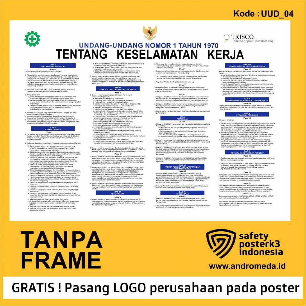 Jual Safety Poster K3 : UU No 1 Tahun Kerja1970 Tentang Keselamatan ...