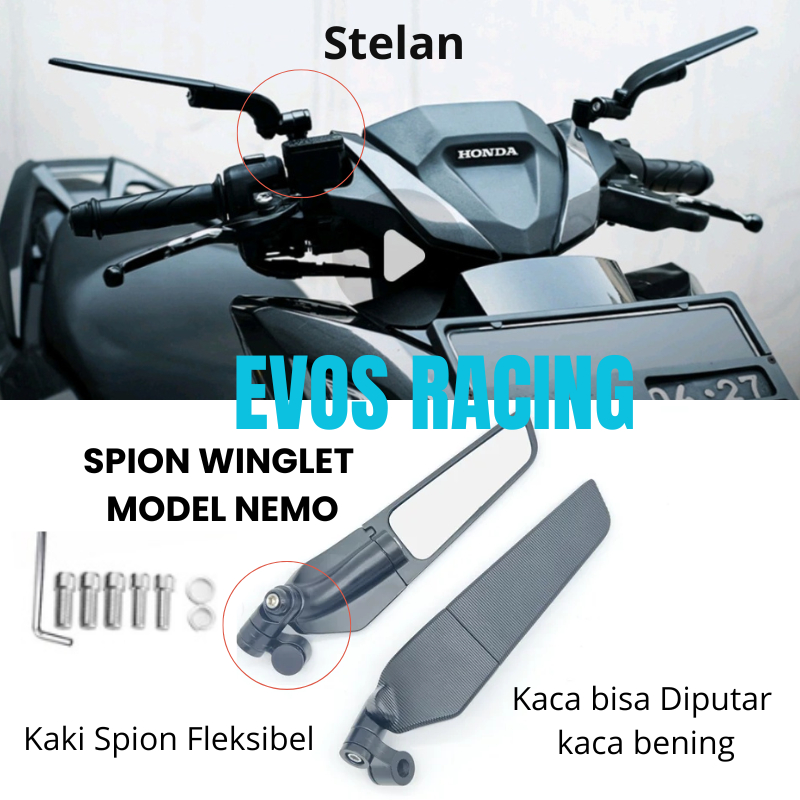Jual Spion WINGLET CNC model nemo hitam polos kaca bening flexible ...