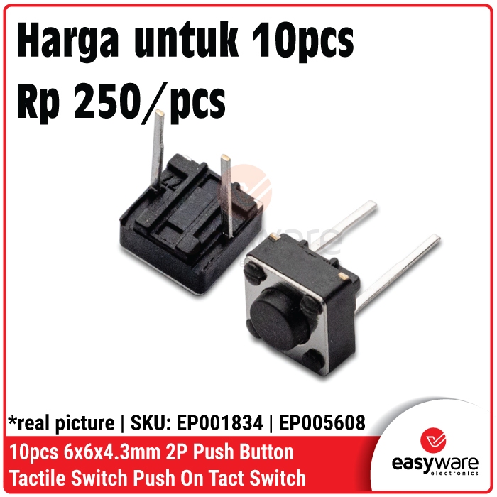 Jual 10pcs Tactile Switch 6x6x4.3mm 2P Push Button 6x6x4.3 mm Push On ...