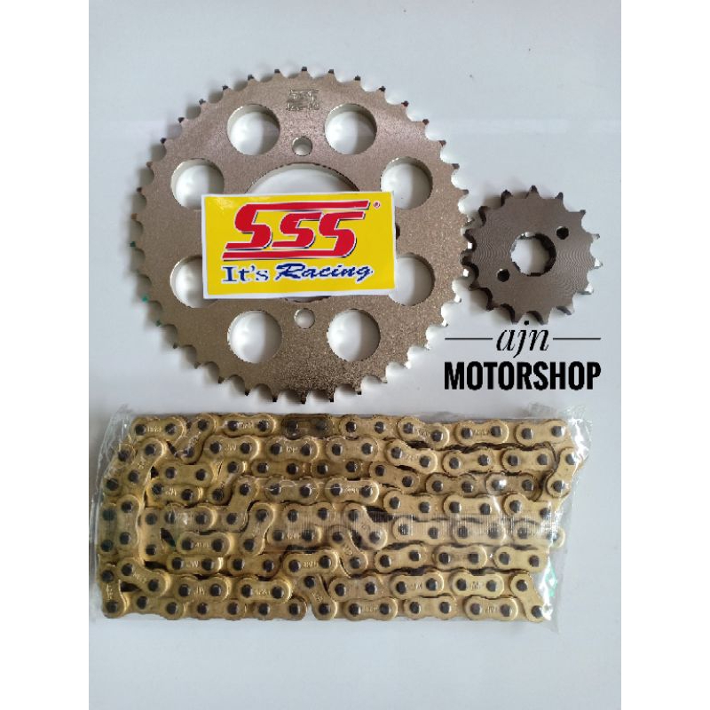 Jual gear gir set sss 428 rantai gold satria 2tak/satria hiu/satria R/tornado/dll | Shopee Indonesia