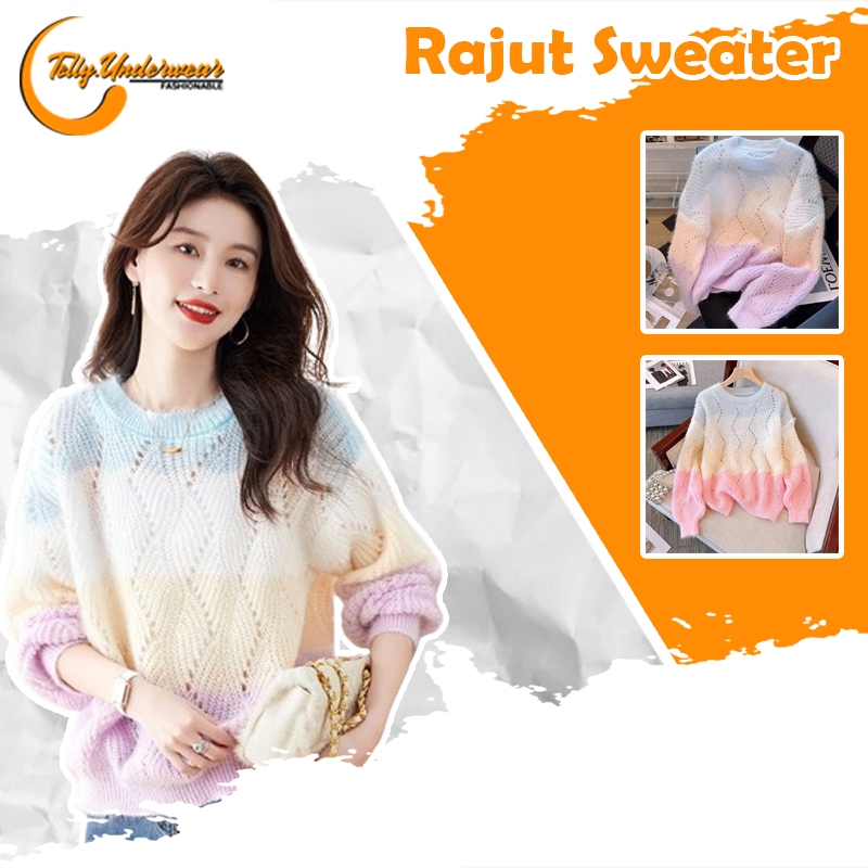 Jual TELLY ️ BJ-098 Sweater Rajut Wanita Rainbow Pelangi Lengan Panjang Pullover Leher Bulat ...