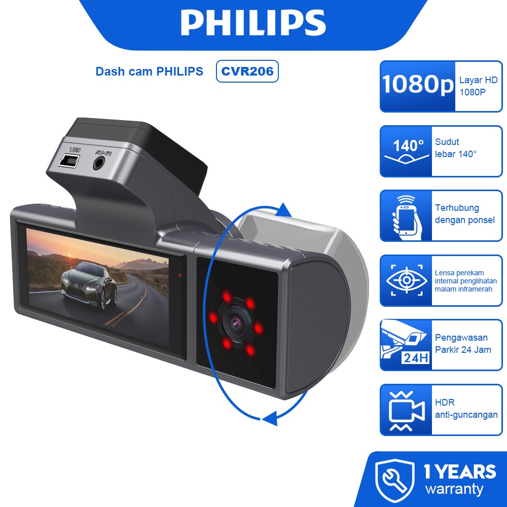 Jual Philips Dash Cam Mobil 1080P Full HD CVR206 Night Vision Car ...
