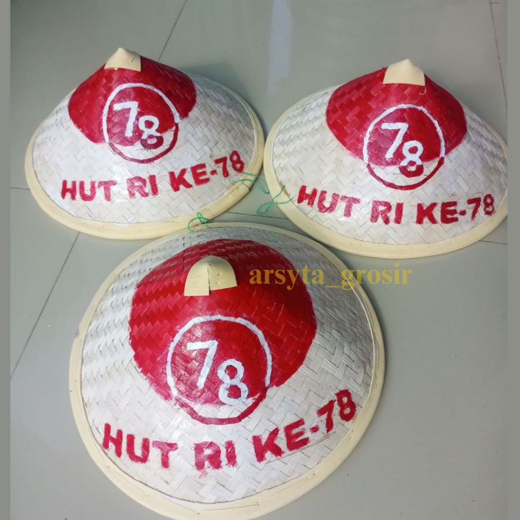 Jual Caping bambu motif HUT RI / Topi caping petani untuk karnaval ...