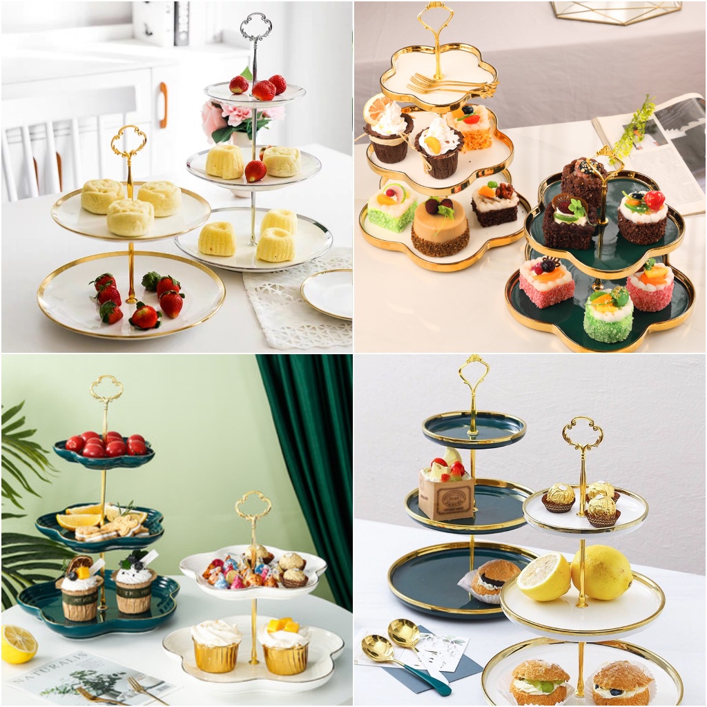 Jual Piring 2/3 Susun Kue Tingkat Gold Edge Keramik Dekorasi Gaya Eropa Mewah / Display Buah ...