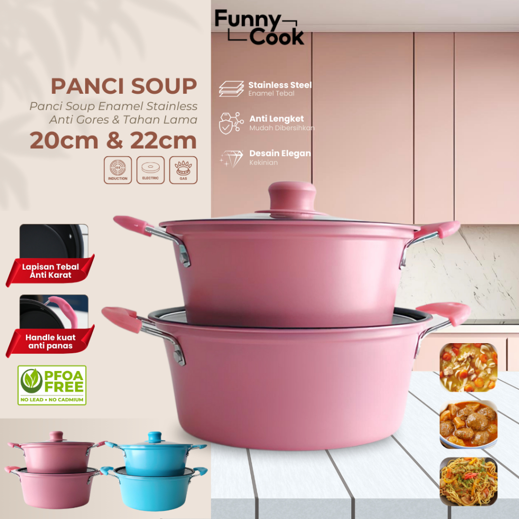 Jual FUNNYCOOK Panci Sup Enamel Tutup Kaca / Soup Pot / Panci Susu ...