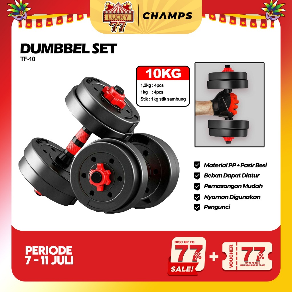 Jual CHAMPS Dumbbell Set Peralatan Fitness Barbel 10 KG Adjustable Bisa Rubah Beban 10KG Angkat ...