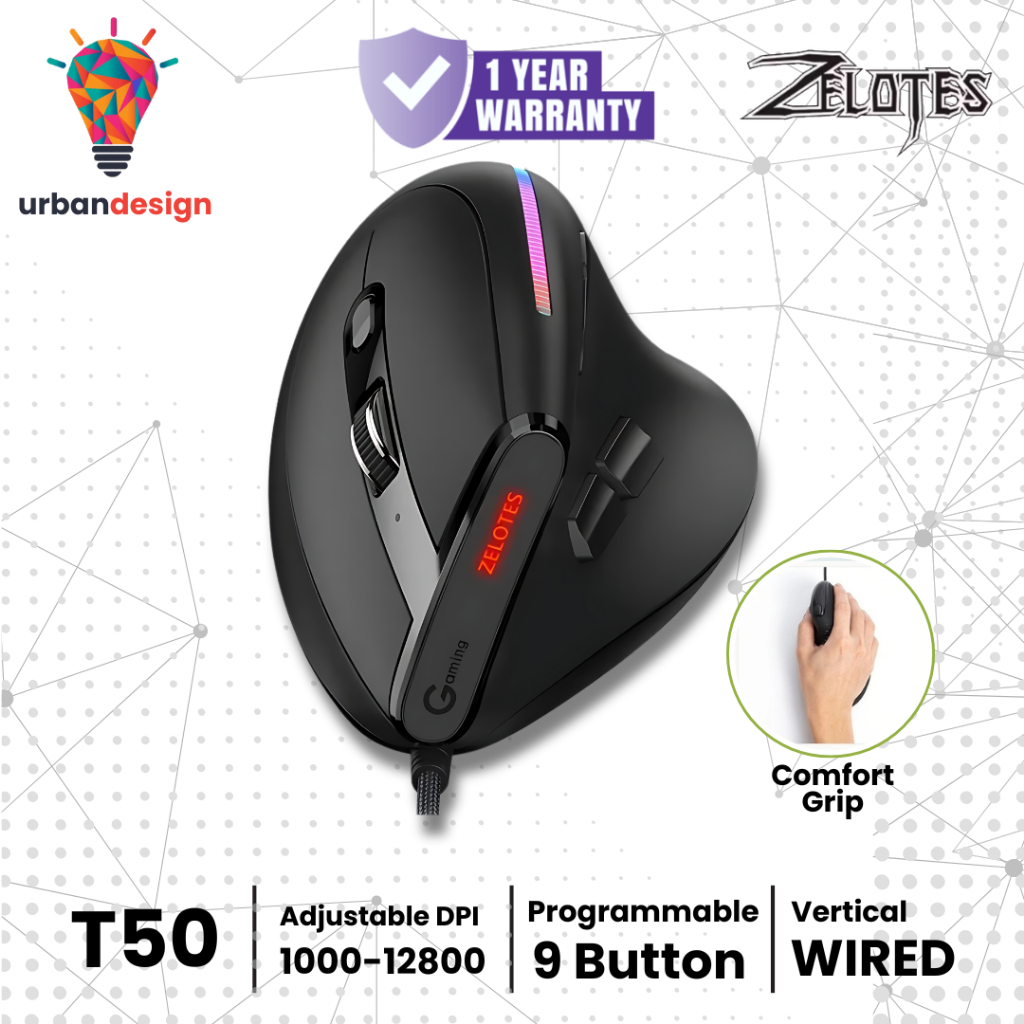 Jual Zelotes T50 Vertical Ergonomic Mouse RGB Gaming 3200 DPI 7 Button ...