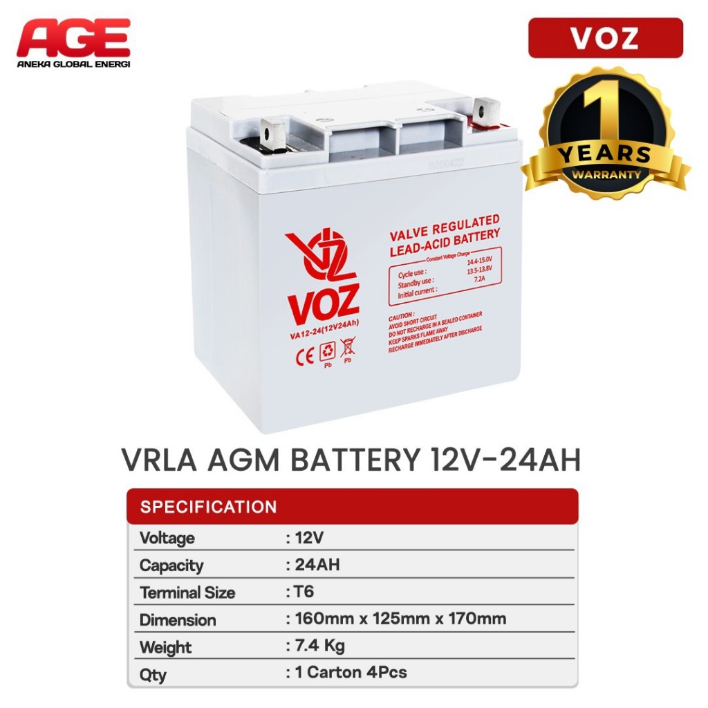 Jual Battery Kering Voz 12V 24Ah Accu Aki baterai Kering Vrla agm 12v ...