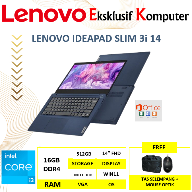 Jual Laptop Lenovo Ideapad Slim 3i 14IAU7 Intel i3 1215U 16GB 512GB SSD 14" FHD W11 + OHS Abyss ...