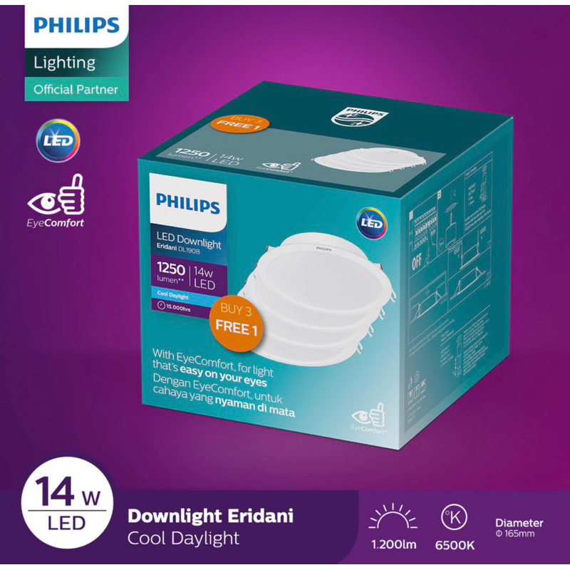 Jual [ PAKET ISI 4 LAMPU ] PHILIPS LED Downlight Eridani Multipack 14W ...