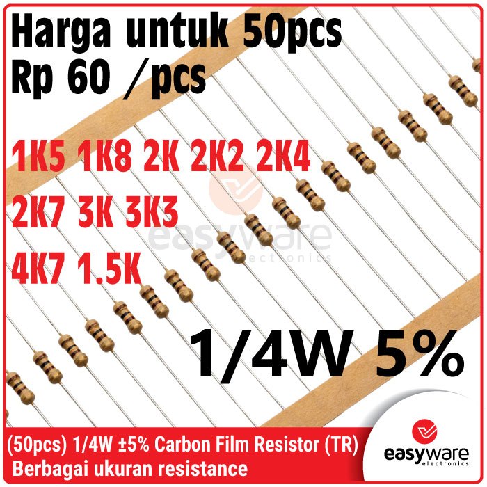 Jual 50x Carbon Film Resistor 1/4W 5% 0.25W 1K5 1K8 2K 2K2 2K4 2K7 3K 3K3 3K9 4K7 1.5K Ohm 2K ...