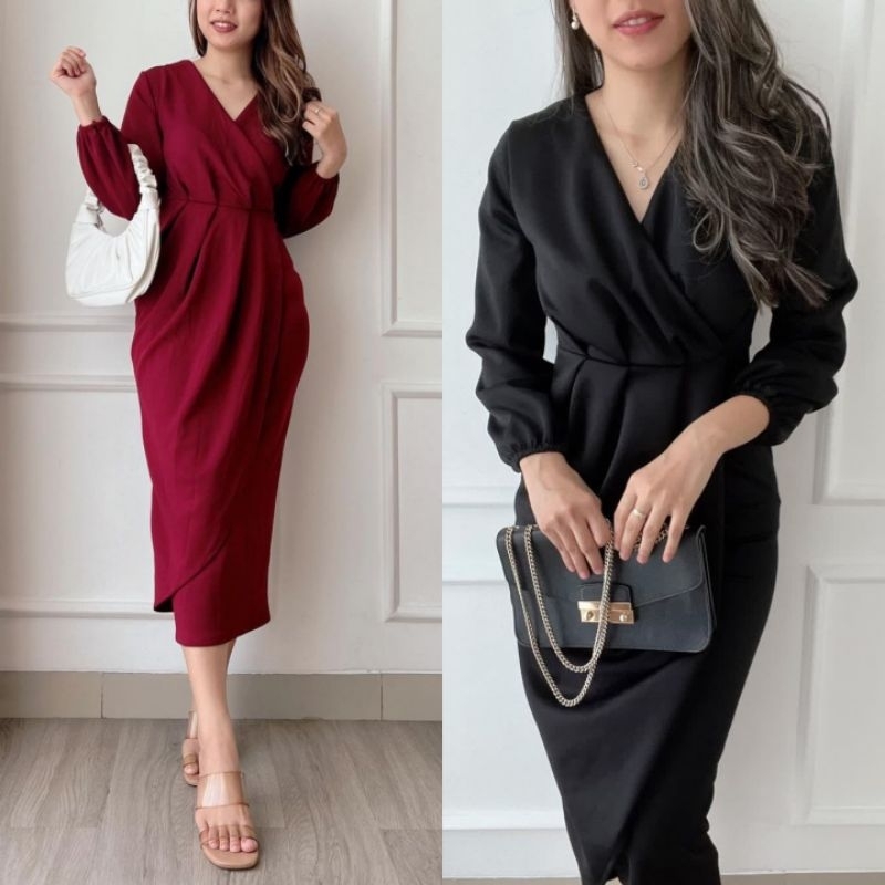 Jual ABLECOUTURE Midi Dress Panjang Wanita Longsleeve Scuba Terusan ...