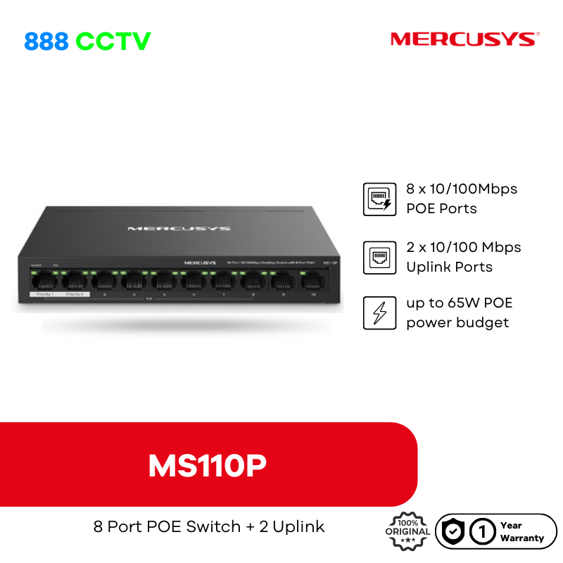 Jual Mercusys MS110P POE Switch 8 Port 10/100Mbps + 2 Uplink | Shopee ...