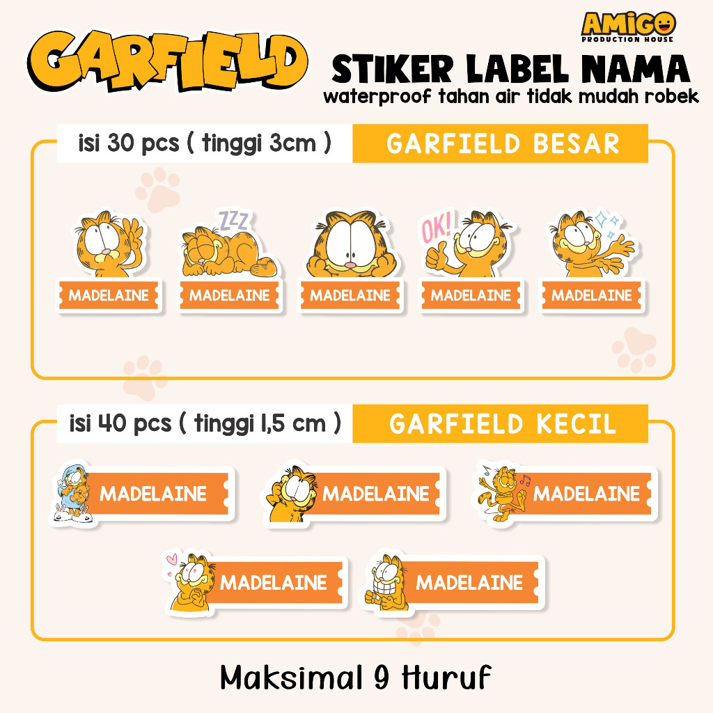Jual Sticker Nama Garfield Stiker Label waterproof | Shopee Indonesia