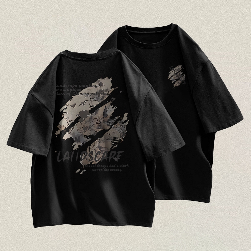 Jual RENELLE Claw Mark Landscape Sablon Kaos Hitam Pria Lengan Pendek ...
