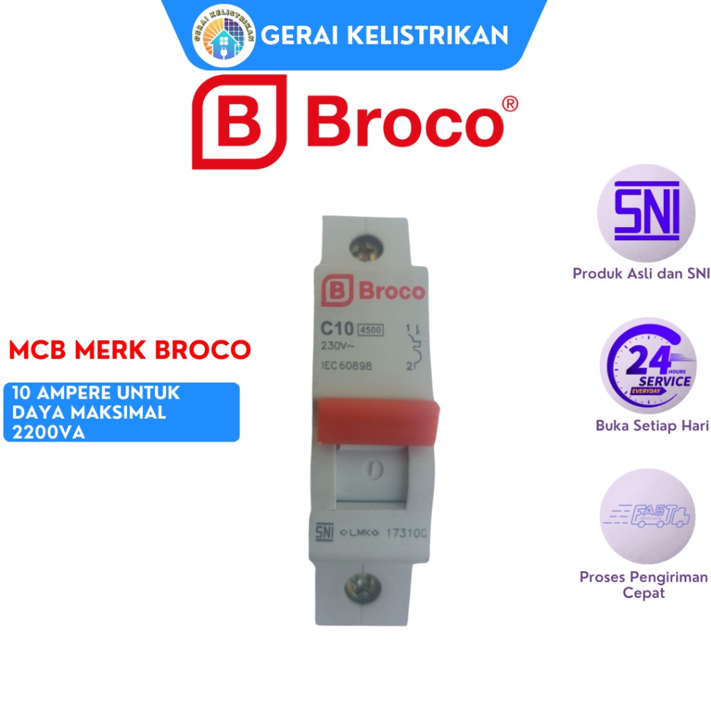 Jual MCB Broco 1 Phase 10 Ampere Untuk Daya 2200 Va | Shopee Indonesia