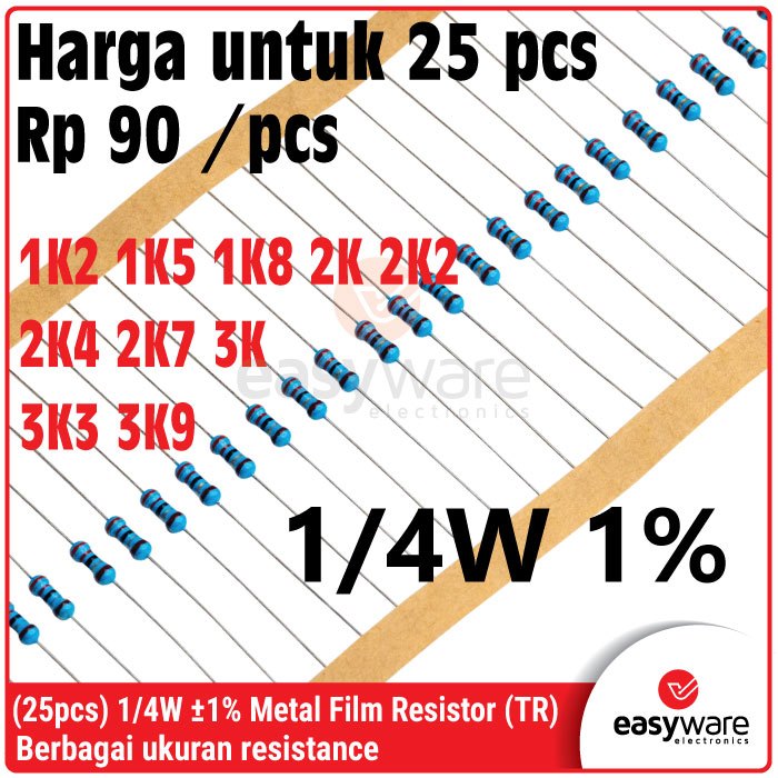 Jual 25x Metal Film Resistor 1/4W 1% 1K2 1K5 1K8 2K 2K2 2K4 2K7 3K 3K3 3K9 | Shopee Indonesia