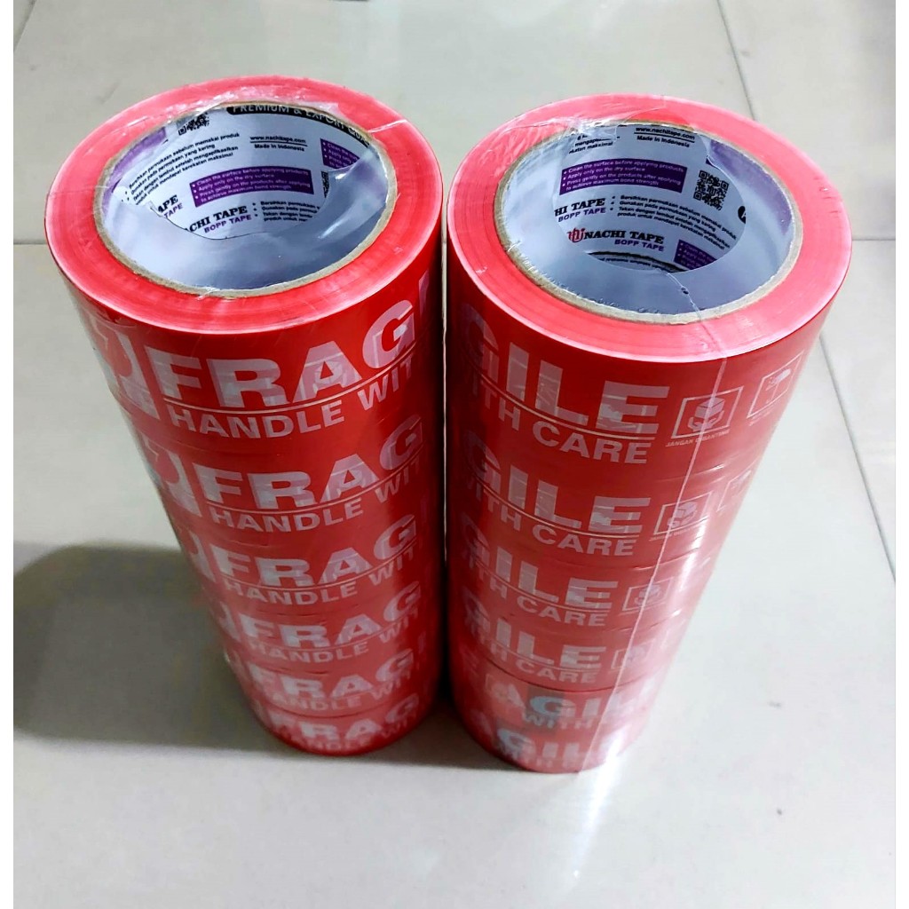 Jual Lakban / Plakban / Isolasi / Selotip FRAGILE putih merah Nachi Tape 48mm 100 yard 2 inch ...