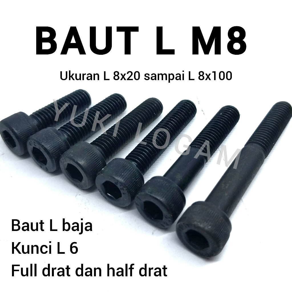 Jual Baut L M8 baja 8.8 hitam kunci L 6 full drat dan half drat | Shopee Indonesia