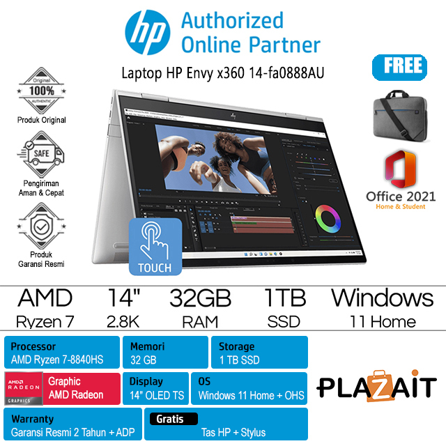 Jual Laptop HP Envy x360 14-fa0888AU /AMD Ryzen 7-8840HS/32GB/1TB SSD/AMD Radeon Graphics/14″ 2 ...