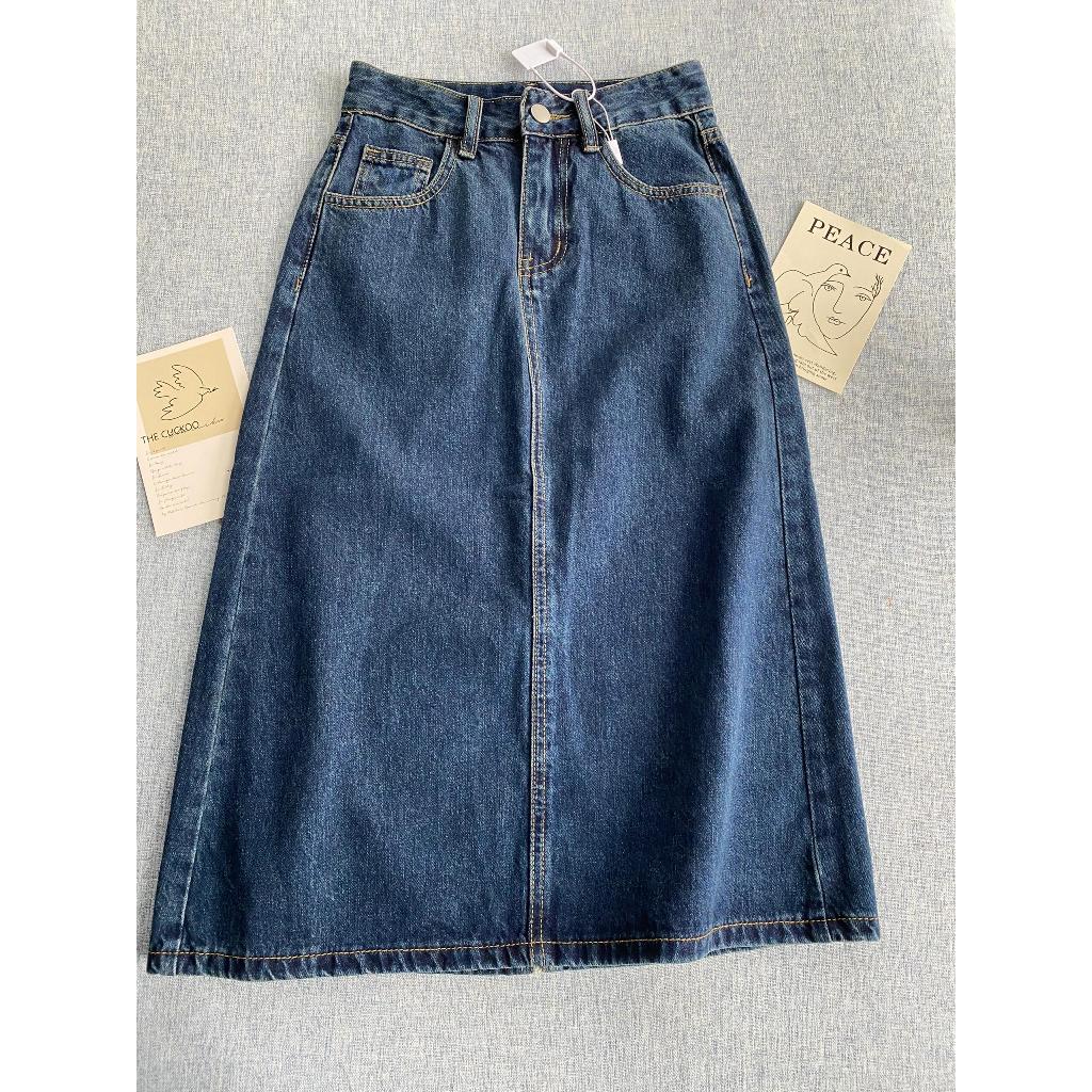 Jual 【Luck Wanita】Rok-Biru laut Highwaist Rok midi A-line Denim Split ...
