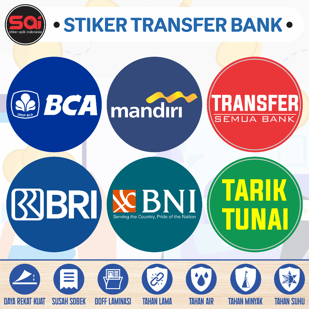 Jual stiker vinyl anti air LOGO BCA MANDIRI BRI BNI TRANSFER TUNAI ...