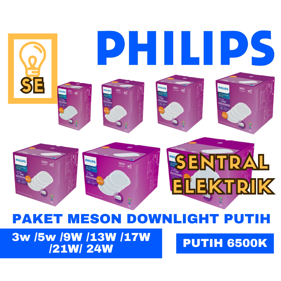 Jual Philips MESON PAKET is 4 LAMPU Downlight LED 3w 3.5w 5w 9w 13W 17W 21W 24W Plafon multipack ...